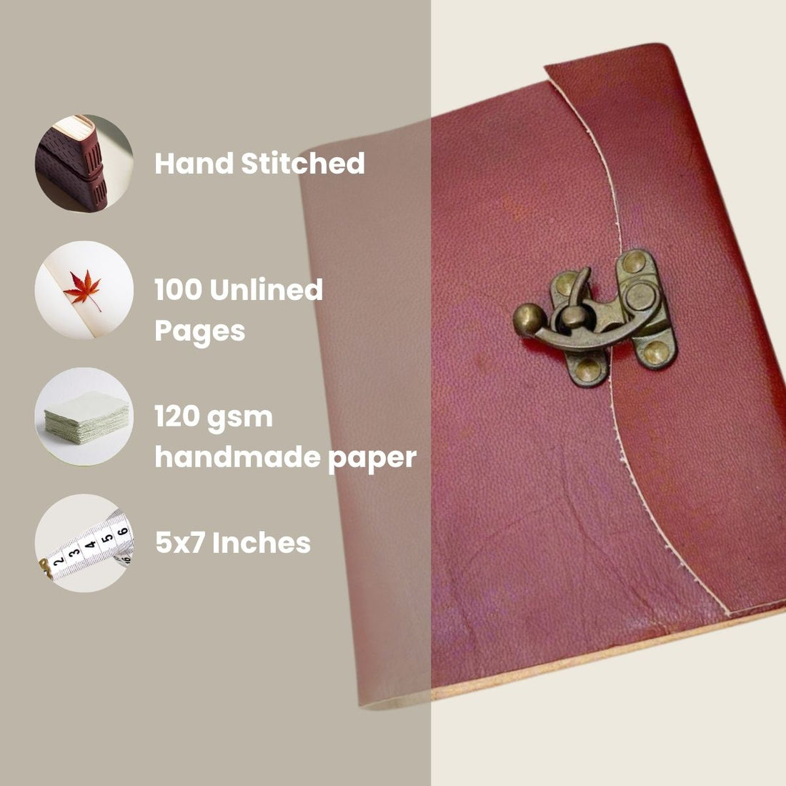 Brass Latch 5x7 Leather Journal | Handmade & Tree-Free Paper | Vintage