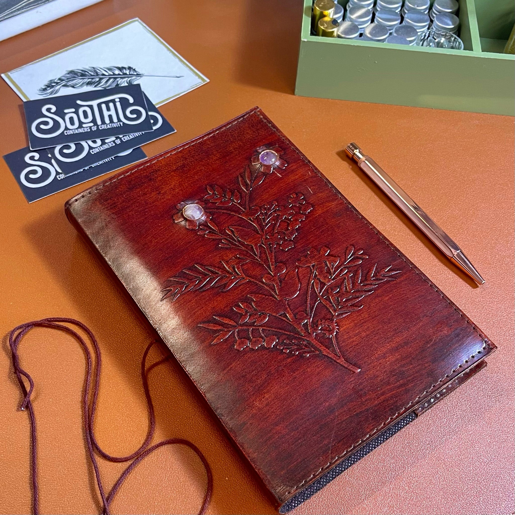 Khadi Paper Leather Refillable Journal With Stones - Solar System